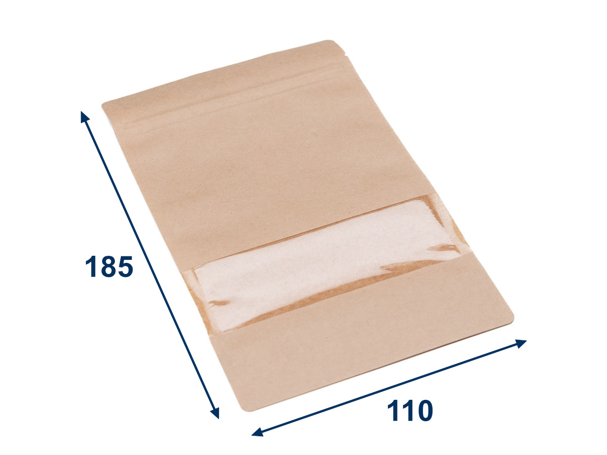 Doypack sáček s malým okénkem 110 x 185 + 65 mm, 250 ml, KRAFT/PET/CPP | Eobaly.cz